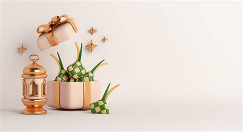 케투팟 선물 상자 랜턴 만화 스타일 라마단 카림 마울리드 이프타르 이스라 미라지 이드 알 피트르 아다 무하람 복사 공간 텍스트 영역 3d 그림이 있는 이슬람 장식 배경 3