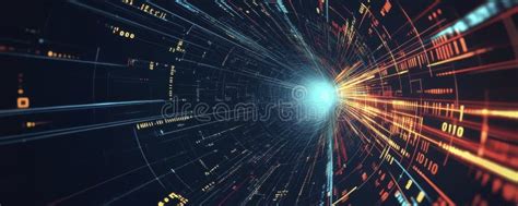 Futuristic Digital Tunnel With Vibrant Lines And Binary Code Stock