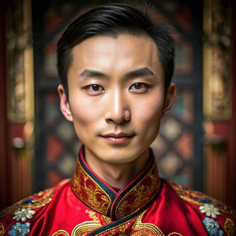 A Man Wearing A Red And Gold Jacket With A Gold Design On The Front