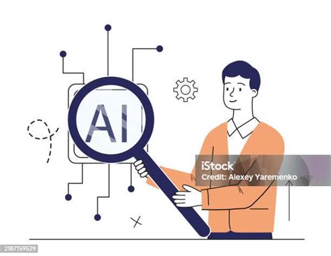 인공 지능 앱 루페 모양 Ai를 가진 남자 가상 도우미 및 조수 워크플로우 자동화 템플릿 및 레이아웃 선형 벡터 그림 인공지능에 대한 스톡 벡터 아트 및 기타 이미지