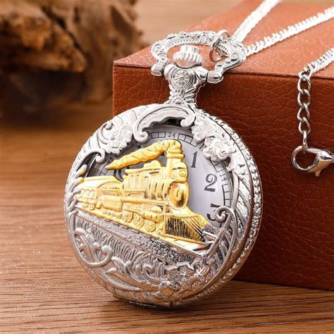 Antique Steam Train Design Pocket Watch With Chain Necklace Vintage