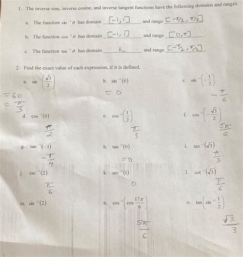 Solved The Inverse Sine Inverse Cosine And Inverse Chegg Com
