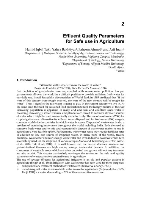 Pdf Effluent Quality Parameters For Safe Use In Agriculture