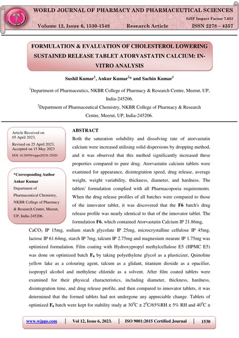 Pdf Formulation And Evaluation Of Cholesterol Lowering Sustained Release Tablet Atorvastatin