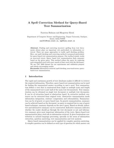 pdf a spell correction method for query based text summarization