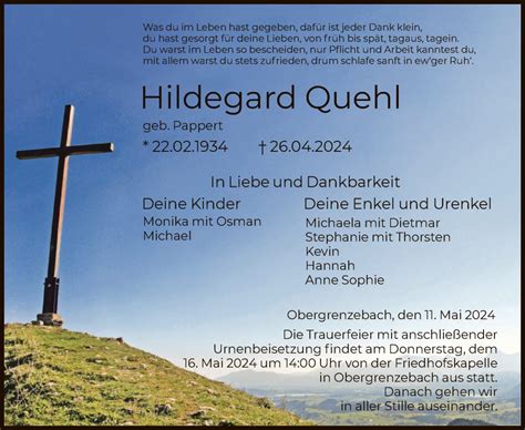 Traueranzeigen Von Hildegard Quehl Trauer Hna De
