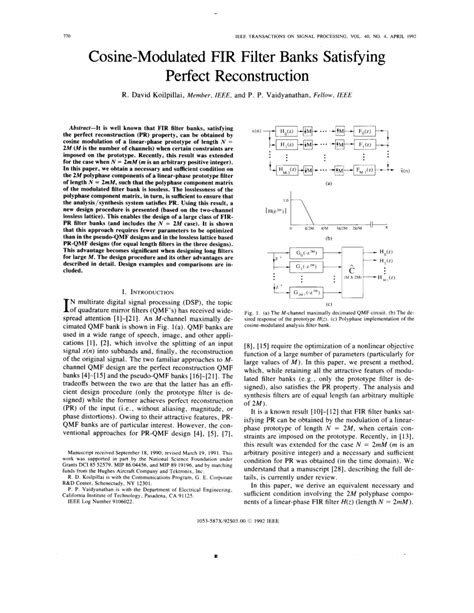 Pdf Cosine Modulated Fir Filter Banks Satisfying Perfect Reconstruction