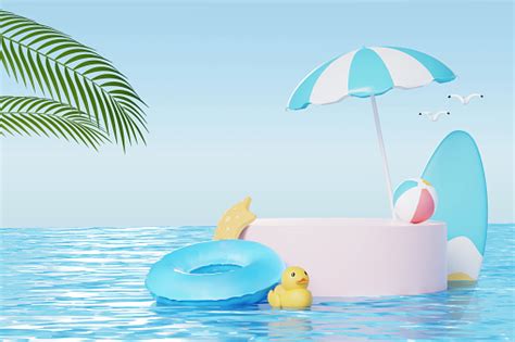 여름 방학 추상 제품 전시 푸른 바다 배경 개념에 최소한의 사실적인 디스플레이 연단 열대 여름 섬 우산 풍선 반지가 있는 화장품 3d 렌더링 0명에 대한 스톡 사진 및 기타