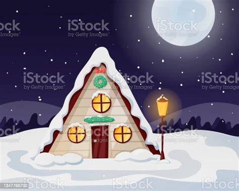달과 눈이 내리는 밤 크리스마스 겨울 풍경 눈과 표류로 뒤덮인 창문에 빛이 있는 아늑한 집 12월에 대한 스톡 벡터 아트 및 기타 이미지 Istock