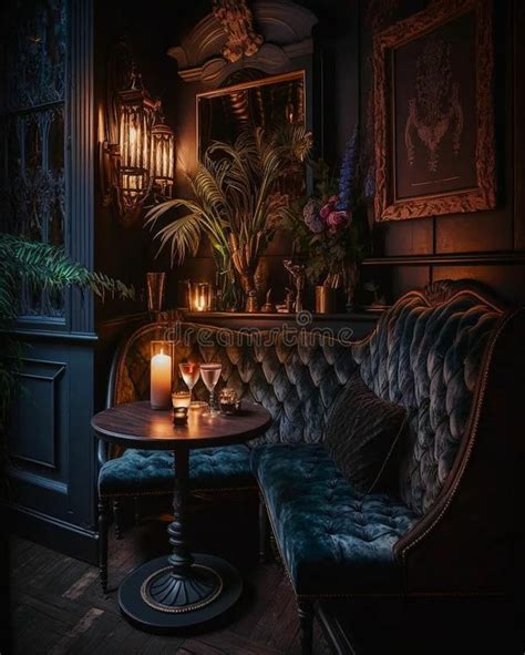 The Dark Room Is Decorated With A Plant And A Candle Stock