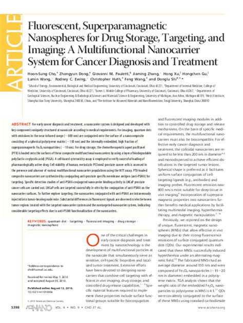 Pdf Fluorescent Super Paramagnetic Nanoparticles For Medical Diagnosis And Treatment Rodney