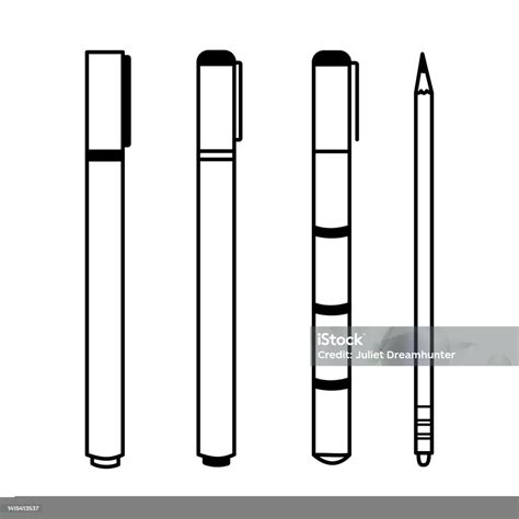 드로잉 용품 세트 미니멀리스트 펜 마커 및 연필 아이콘 컬렉션 학교로 돌아갈 수 있도록 손으로 그린 벡터 도구 개체 그룹에 대한