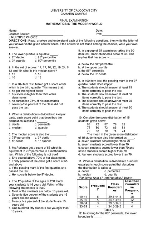 Mmw Final Exam B Math University Of Caloocan City Camarin Campus Final Examination