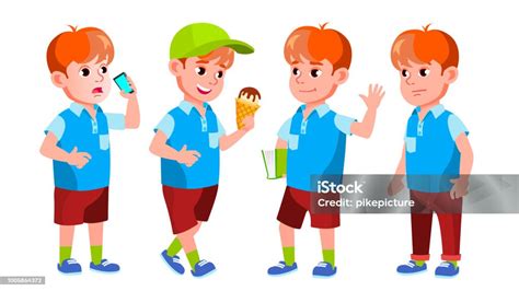 소년 소년 아이 포즈 설정된 벡터 초등 학교 아이입니다 강당입니다 우정입니다 포즈 아름다움 대 한 웹 브로셔 포스터 디자인 격리 된 만화 일러스트 레이 션 가리기에 대한