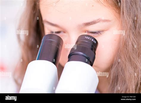 Babe Girl Use Microscope Stock Photo Alamy