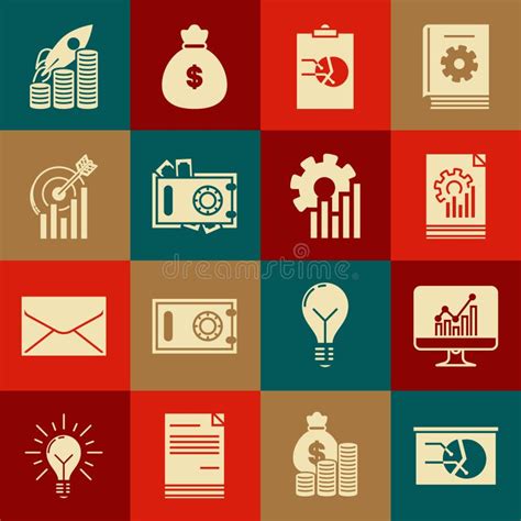 Set Board With Graph Chart Computer Monitor Document Clipboard Safe And Money Target