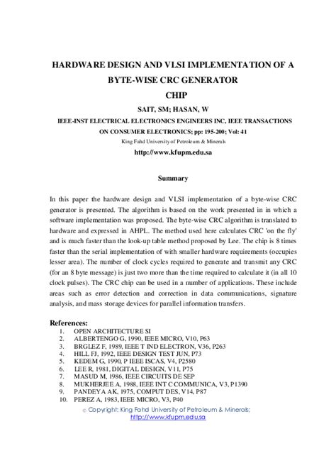 Pdf Hardware Design And Vlsi Implementation Of A Byte Wise Crc Generator Chip