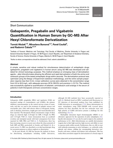 Pdf Gabapentin Pregabalin And Vigabatrin Quantification In Human Serum By Gc Ms After Hexyl
