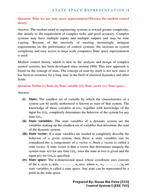 State Space Representation Pdf System Vector Space