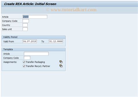 J L SAP Tcode Create REA Article Initial Screen