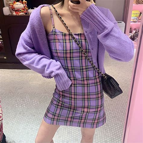 Qweek 캐주얼 섹시한 보라색 격자 무늬 프린트 슬립 드레스 여성용 백리스 여름 Sundress 케이지 미니 짧은 드레스