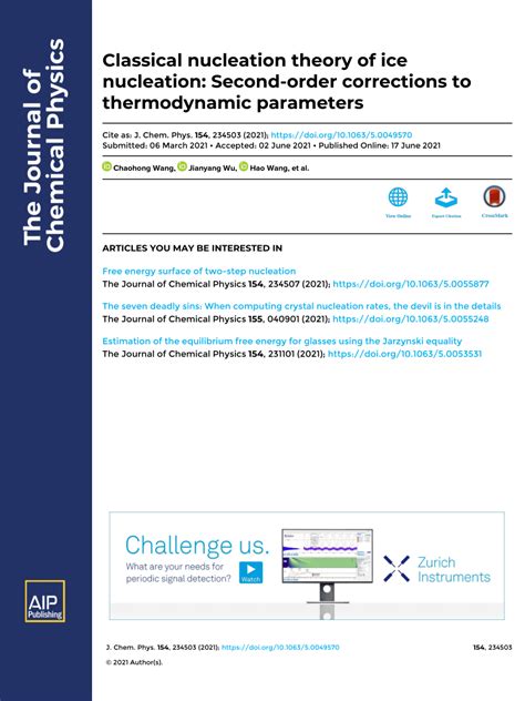 Pdf Classical Nucleation Theory Of Ice Nucleation Second Order Corrections To Thermodynamic