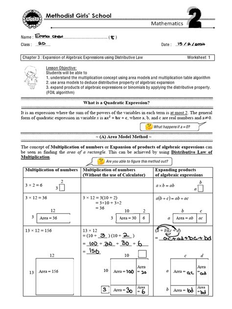 Sec2 Ch3 Ws1 Expansion Factorisation Algebraic Expressions Pdf Factorization Multiplication