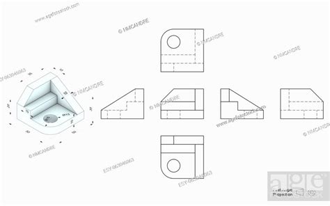 Technical Drawing Of A 3d Model With A Perspective And Orthogonal Views