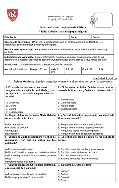 Prueba Julito Cabello Y Las Salchipapas Mágicas 6to Básico Profe Social