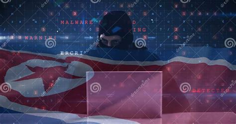 Image Of Data Processing And Cyber Warning Text With Hacker Over Flag