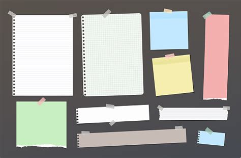 찢어진 빈 지배 노트 노트북 카피 북 종이 스트립 어두운 배경에 다채로운 스티커 테이프붙어 시트 줄 친 종이에 대한 스톡 벡터 아트 및 기타 이미지 Istock
