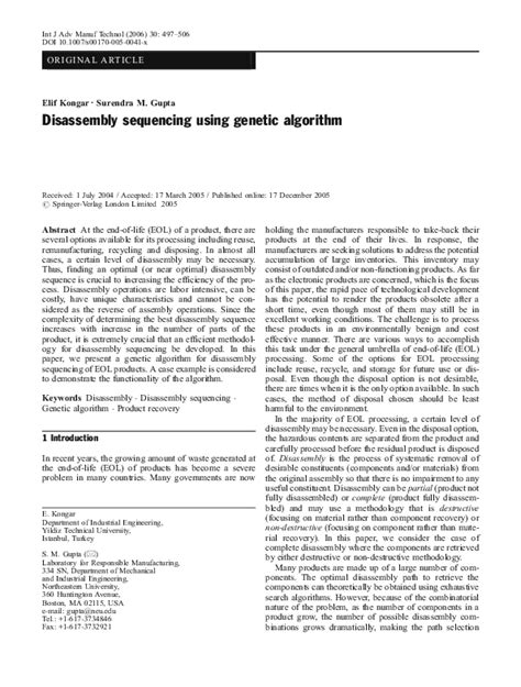 Pdf Disassembly Sequencing Using Genetic Algorithm