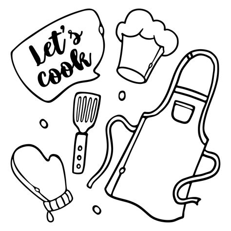 Black Sketch Cooking Apron With Lettering Lets Cook Apron Chefs Hat Chefs Mitts Hand Drawn