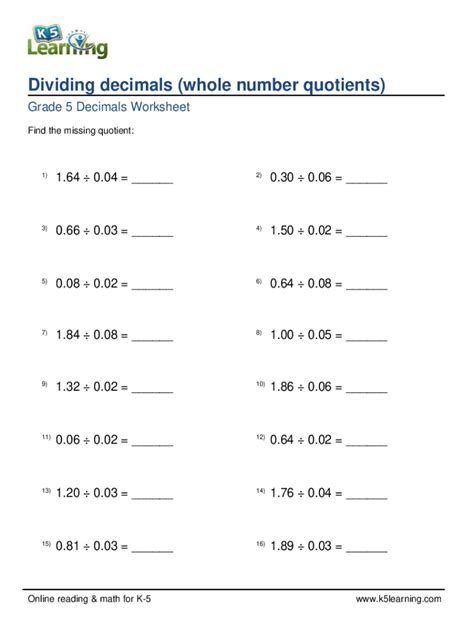 Dividing Whole Numbers By Decimals Worksheet Fill Online Printable Fillable Blank PdfFiller