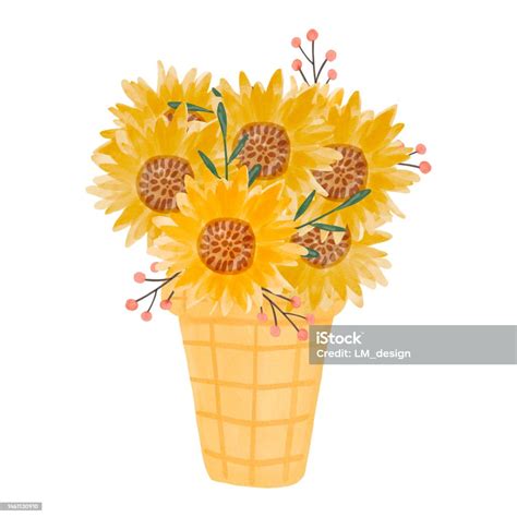 해바라기 꽃다발과 수채화 아이스크림 와플 콘 여름 차가운 달콤한 맛있는 손으로 그린 아이스크림 그림이 고립되어 있습니다 0명에 대한 스톡 벡터 아트 및 기타 이미지 Istock