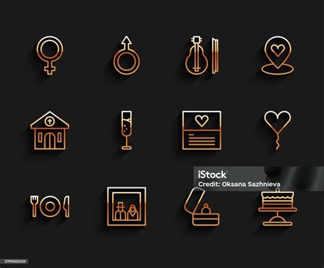 세트 라인 플레이트 포크 및 나이프 가족 사진 여성 성별 기호 결혼 반지 접시에 케이크 샴페인 잔 풍선 모양 하트 및 인사말 카드 아이콘 벡터 3월에 대한 스톡 벡터 아트