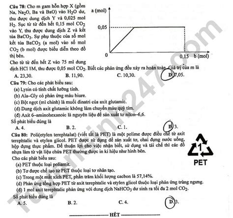 Đáp án đề Thi Môn Hóa Mã đề 212 Kỳ Thi Thpt Quốc Gia Năm 2023
