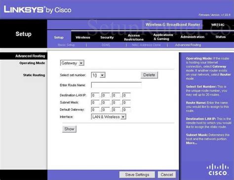 Linksys WRT54G Screenshot Advanced Routing