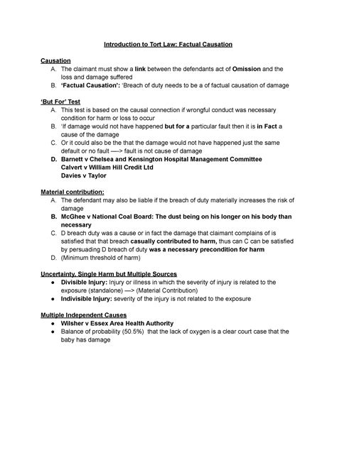 Factual Causation Introduction To Tort Law Factual Causation Causation A The Claimant