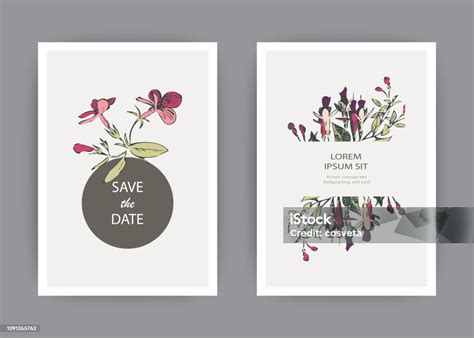 식물 결혼식 초대 카드 서식 파일 디자인 손으로 그린 적자 색 분홍색 꽃과 나뭇잎 원형 프레임 흰색 배경 미니 멀 빈티지 스타일 빈티지 파스텔 농촌 테마 벡터 일러스트 레이