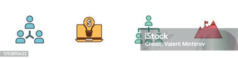 프로젝트 팀 기반 설정 노트북에 달러가 있는 전구 계층 구조 오르간 차트 및 산 플래그 아이콘 벡터 개념에 대한 스톡 벡터 아트