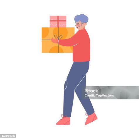 리본 생일 Patrty 크리스마스 또는 새해 축하 기념 만화 일러스트로 장식 된 선물 상자를 들고 십대 소년 놀라움에 대한 스톡 벡터 아트 및 기타 이미지 Istock