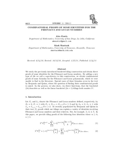 Pdf Combinatorial Proofs Of Some Identities For The Fibonacci And