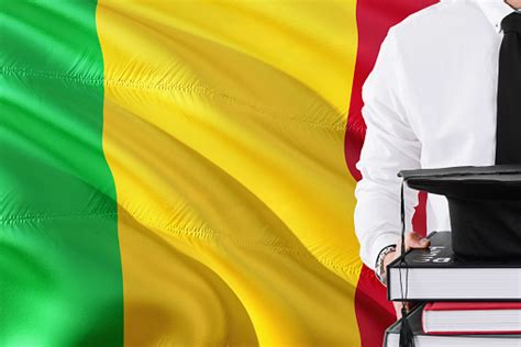 성공적인 말리 학생 교육 컨셉 말리 국기 배경 위에 책과 졸업 모자를 들고 교사 교육 관련 직업에 대한 스톡 사진 및 기타 이미지 교사 교육 관련 직업 교육 기