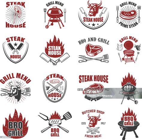스테이크 하우스 레이블 설정 합니다 바베 큐 정육점 도구 황소 머리 배지 엠 블 럼 기호 레스토랑 메뉴 전단지 디자인 요소입니다