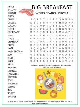 Breakfast Word Search Puzzle Game Activity Health Food Worksheet Game