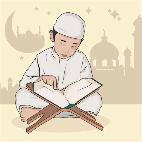 Мальчик читает книгу перед мечетью Премиум векторы