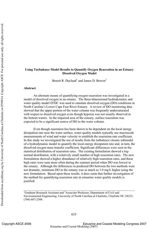 Pdf Using Turbulence Model Results To Quantify Oxygen Reaeration In