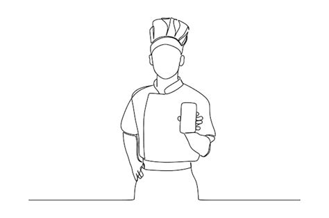 전화를 사용하는 요리사의 연속 선 그리기 프리미엄 벡터