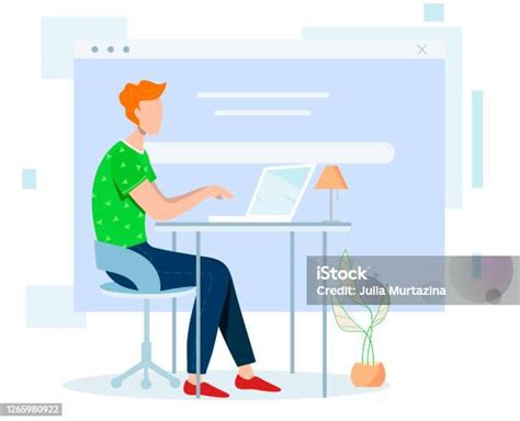 잘생긴 남자는 자신의 노트북에서 일하고있다 배경에 웹 사이트가있는 데스크톱 벡터 그림입니다 개념에 대한 스톡 벡터 아트 및 기타 이미지 Istock